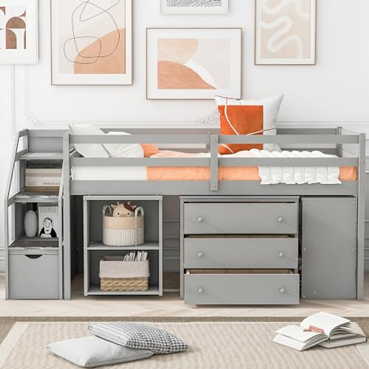 VilroCaz Twin Size Low Loft Bed with Retractable Writing Desk and 3 Drawers, Wooden Loft Bed Frame with Storage Stairs and Shelves for Kids Teens Boys Girls, Sturdy Slats Support (Grey-SRT)