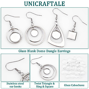 UNICRAFTALE 12 Pairs 4 Styles Glass Blank Dome Dangle Earrings Stainless Steel Earring Bezel Settings Triangle Ring Square Cabochon Base Trays DIY Ear Hooks Findings for Jewelry Making