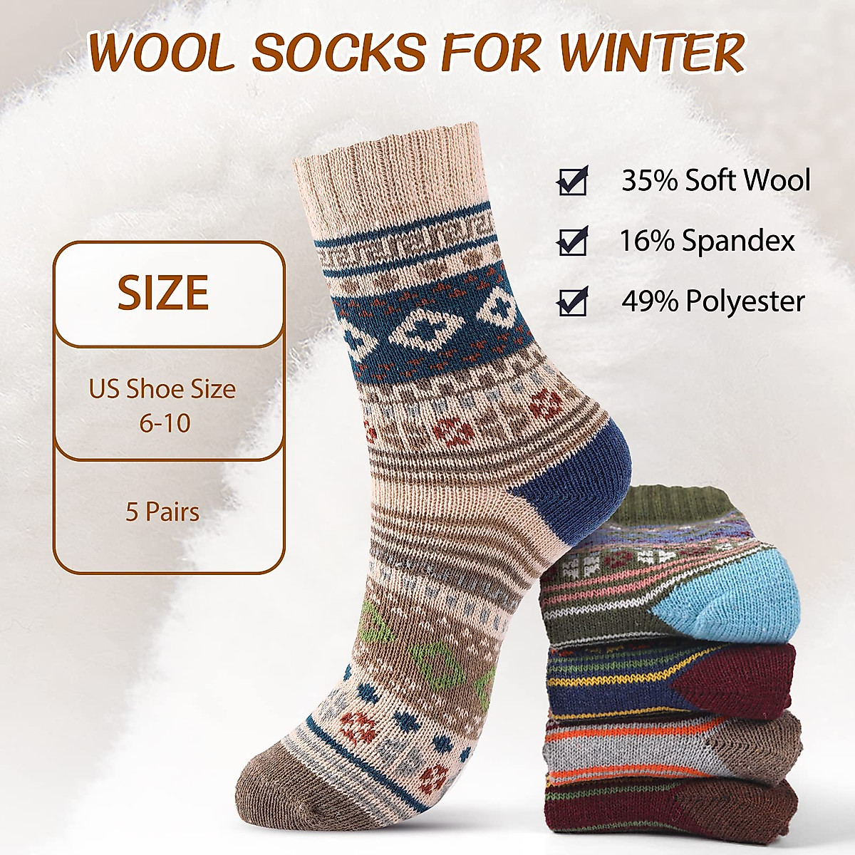 Clothclose 5 Pairs Comfortable and Warm Crew Boot Socks - Vintage Winter Socks, Soft Thick Knit Cabin Cozy Wool Gifts for Women and Men