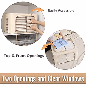 2Pack Storage Bins with Divided Interior - Frame Storage Box Oxford Fabric Clothes Storage Bags Large Capacity Stackable Foldable Container Organizer Set with Clear Window (Large-66L, Beige)