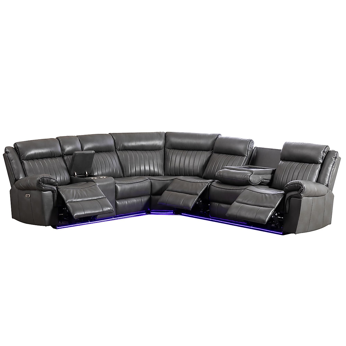 Hybition Power Reclining Sectional Sofa Multi-Functional 6 Seater Sectional Sofa L-Shaped PU Leather L-Shaped Sofa LED Lights Stereo Storage Cup Holders USB -Grey