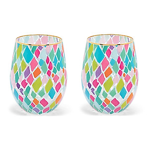Mary Square Pink Teal Mosaic Santorini 8 ounce Glass Stemless Wine Tumbler Set of 2