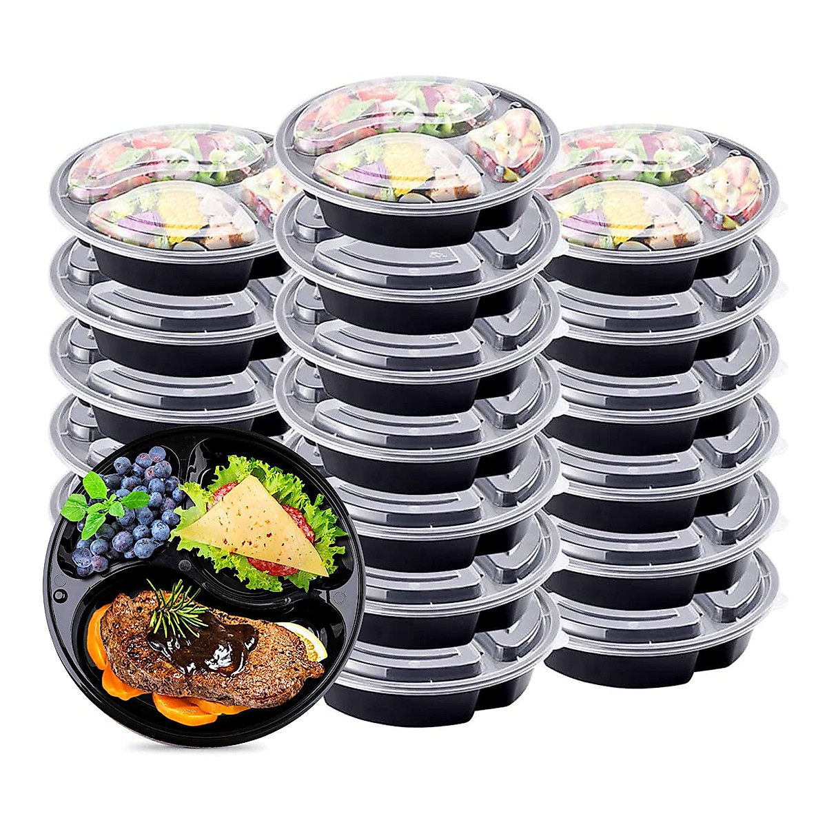 24 Food Storage Containers Meal Prep 3 Compartment Plate W/Lids Reusable 30oz 24 Meal Prep Containers 3 Compartment Plate W/Lids Reusable Food Storage 30oz BPA Free Plastic Durable Stackable