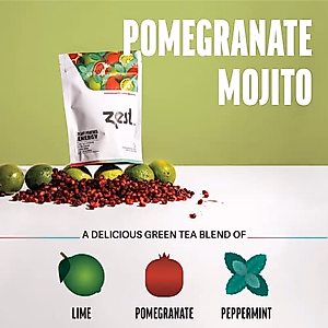 Zest 135mg High Caffeine Energy Leaf Blend - Pomegranate Mojito Green Tea - 20 Pack Bag - All Natural Strong Flavored Healthy Coffee Alternative Highly Caffeinated Substitute - Perfect for Keto