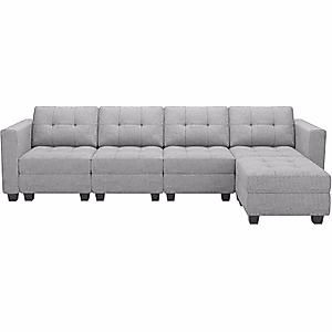 Belffin Light Grey L Shape 5-Seat Modular Sectional Sofa with Storage, Reversible Chaise, Adjustable Backrest, Cotton & Polyester