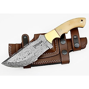 Ottoza Tracker Knife & Bone Handle - Damascus Hunting Knife - Horizontal Carry Knife Sheath 115