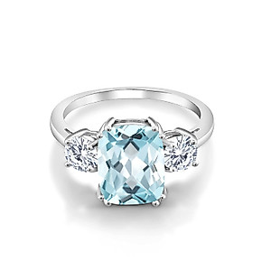 Gem Stone King 925 Sterling Silver Sky Blue Simulated Aquamarine and White Moissanite 3 Stone Ring For Women (3.36 Cttw, Cushion Cut 10X8MM, Round 4.5MM, Gemstone, Available In Size 5, 6, 7, 8, 9)