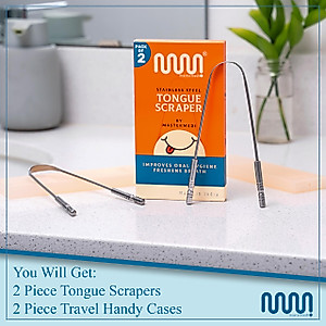 MasterMedi Tongue Scraper for Adults with Multicolor Travel Cases (2 Pack), 100% Stainless Steel, Reduce Bad Breath, Tongue Scrubber, Easy to Use, Tongue Cleaner for Oral Care & Hygiene