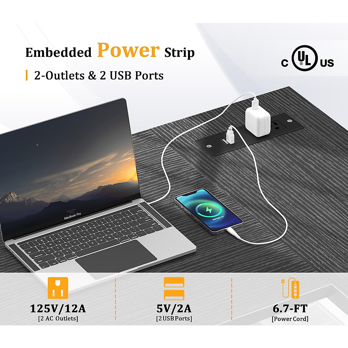 Mr IRONSTONE L Shaped Desk with Outlets & USB Ports, Reversible 47 Inch Office Desk, Corner Desk for Small Space, Home Office Desk with Storage Bag & Hook, Black