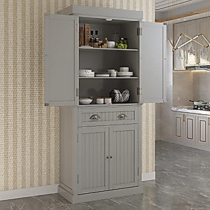 Squireewo 72" Freestanding Kitchen Pantry Storage Cabinet with Doors and Adjustable Shelves,Storage Cupboard with Large Drawer for Kitchen,Bathroom or Hallway,Grey