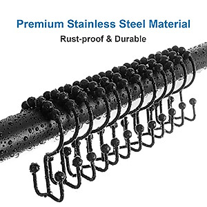 TENOVEL 12 pcs Black Double Sided Shower Curtain Hooks Black & Black Curved Shower Rod