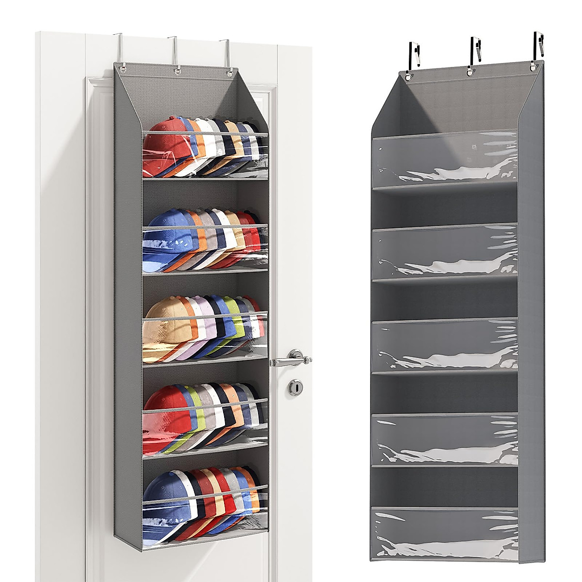 Fixwal Over The Door Hat Racks for Baseball Caps, Clear Deep Pockets Hat Organizer for Closet, Holds Up to 72 Caps Hat Storage Organizer With 3 Hooks, Grey
