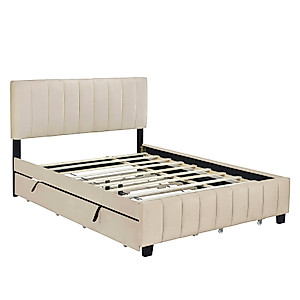 GINGVAT Platform Beds Queen Size, Velvet Upholstered Platform Bed with 2 Drawers and Trundle, Modern Style, Beige