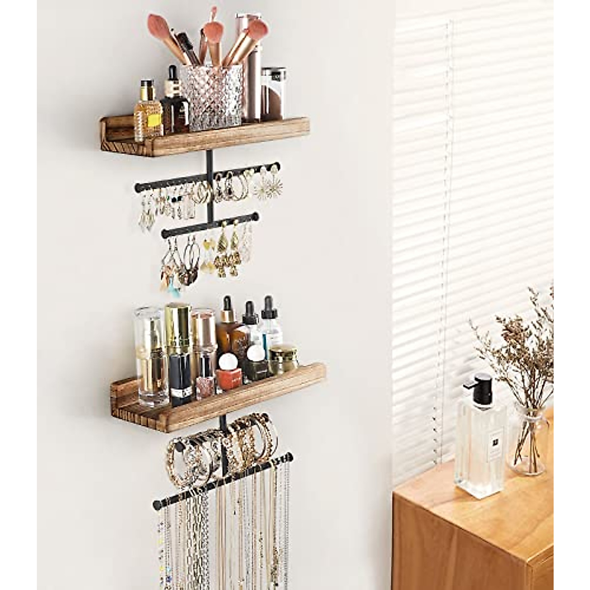 Keebofly Hanging Wall Mounted Jewelry Organizer with Rustic Wood Jewelry Holder Display for Necklaces Bracelet Earrings Ring Set of 2 Carbonized Black,[Patented]