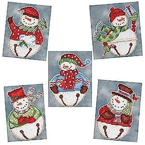 Debbie Mumm Snowbells Snowmen (2014), Set of 5 Mill Hill Winter Themed Beaded Cross Stitch Ornament Kits, Plus Decorative 'Needlworker' Sticker