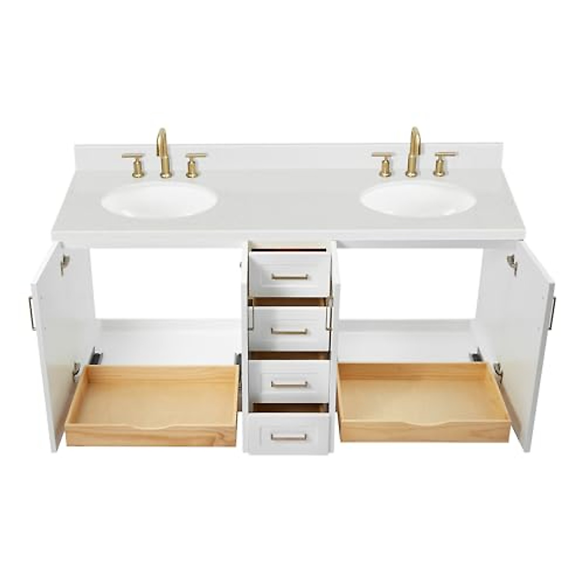ARIEL Taylor 72" White Double Bathroom Vanity, 1.5" Edge Carrara Quartz Countertop & Splash, Oval Sinks, 4 Soft Closing Doors, 6 Full Extension Dovetail Drawers, Toe Kick, Satin Brass