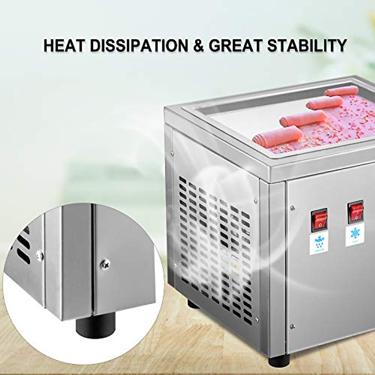 VEVOR Commercial Rolled Ice Cream Machine, Stir-Fried Ice Cream Roll Machine with Single Square Pan, Stainless Steel Stir-Fried Ice Cream Roll Maker, Yogurt Cream Machine for Bars Cafés Dessert Shops