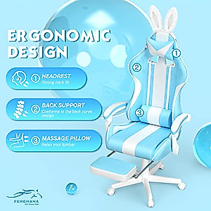 Ferghana Light Blue Gaming Chair with Bunny Ear, Cute Massage Gaming Chairs for Adults & Teens, Office PC Gamer Chair with Footrest, Kawaii Computer Game Chair for Girls, Racing Reclining Silla Gamer