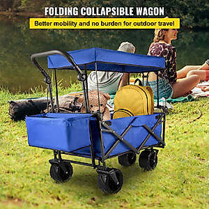 HAPPYBUY Extra Large Collapsible Garden Cart/Wagon with Removable Canopy, 220lbs Capacity Push& Pull Utility Cart with Rear Storage; Upgrad Padded Cotton 600D OxfortSecure Lock (40IN40IN20IN, Blue)