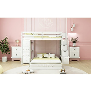 Favfurish Twin Over Full Bunk Bed with 3-Layer Shelves,Wood L-Shape High Loftbed Frame W/ 4 Drawers & Storage Stairs,No Box Spring Required,Slats Support,for Kids Teens Adults,White