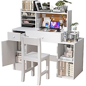 NKUGCFC White Kids Desk and Chair Set for 5-12 Year Old, Childrens Computer Desk with Bulletin Board, Kids Study Table with Chair, Drawers and Cabinets-0UT2bw