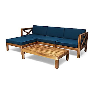 Christopher Knight Home Mamie Outdoor Acacia Wood 5 Piece Sofa Set, Teak Finish, Dark Teal
