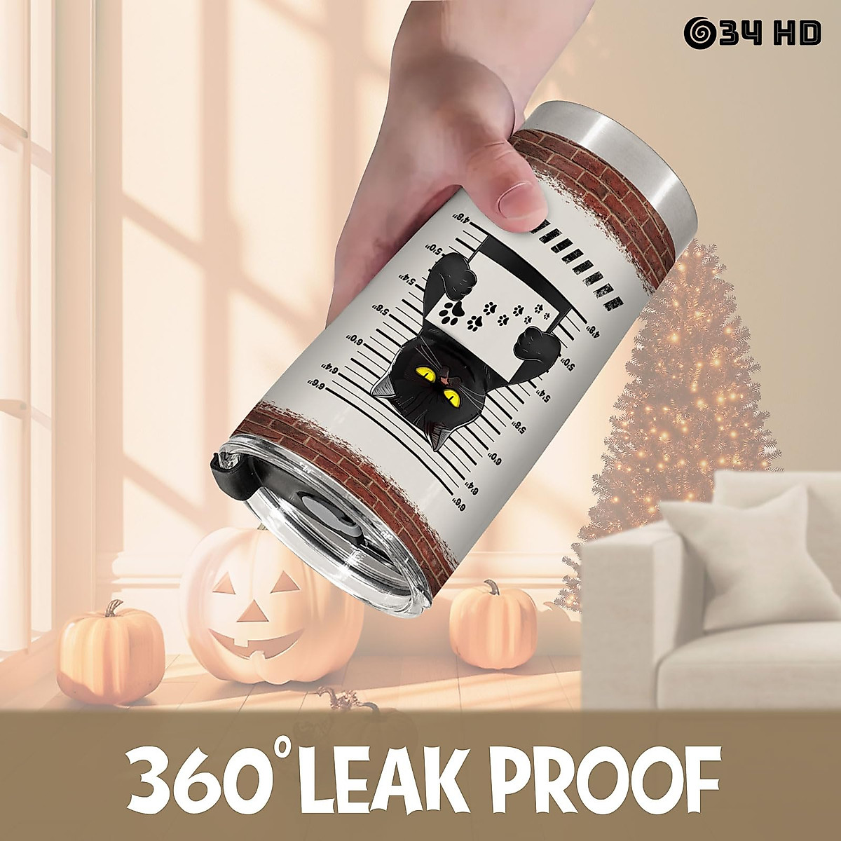 34HD Funny Black Cat Tumbler with Lid, 20 oz Stainless Steel Vacuum Insulated Personal Stalker Coffee Mug, Horror Cup, Cat Lover Gifts for Women Men Birthday Halloween Christmas