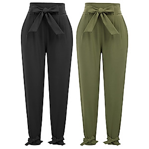 GRACE KARIN Women's Paper Bag High Waist Slim Fit Knot Pants with Belt 2pcs Black & Army Green L