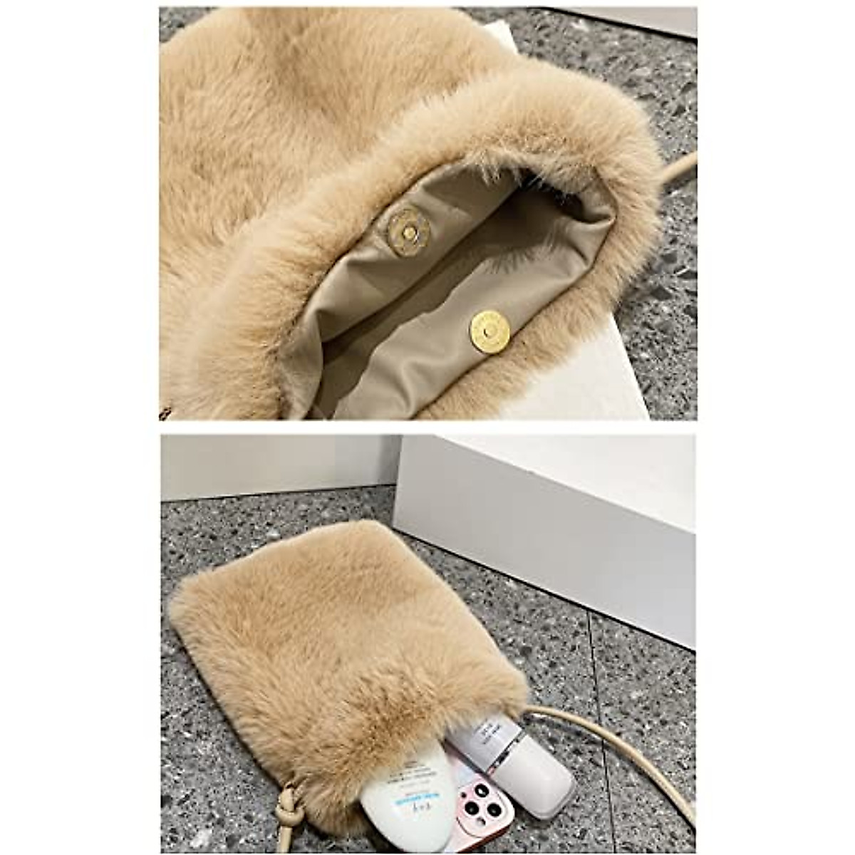 Ulisty Women Autumn Winter Small Plush Cellphone Bag Mini Fluffy Tote Bag Shoulder Bag Handbag Crossbody Bag brown