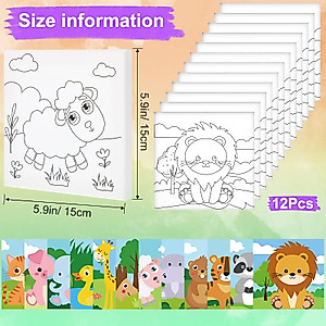Teling 12 Pcs Pre Drawn Stretched Canvas Kit 6 x 6 x 0.6 Inches Pre Drawn Canvas for Painting for Adults Pre Printed Canvas Outline Canvas for Adult Kids DIY Painting (Animal)
