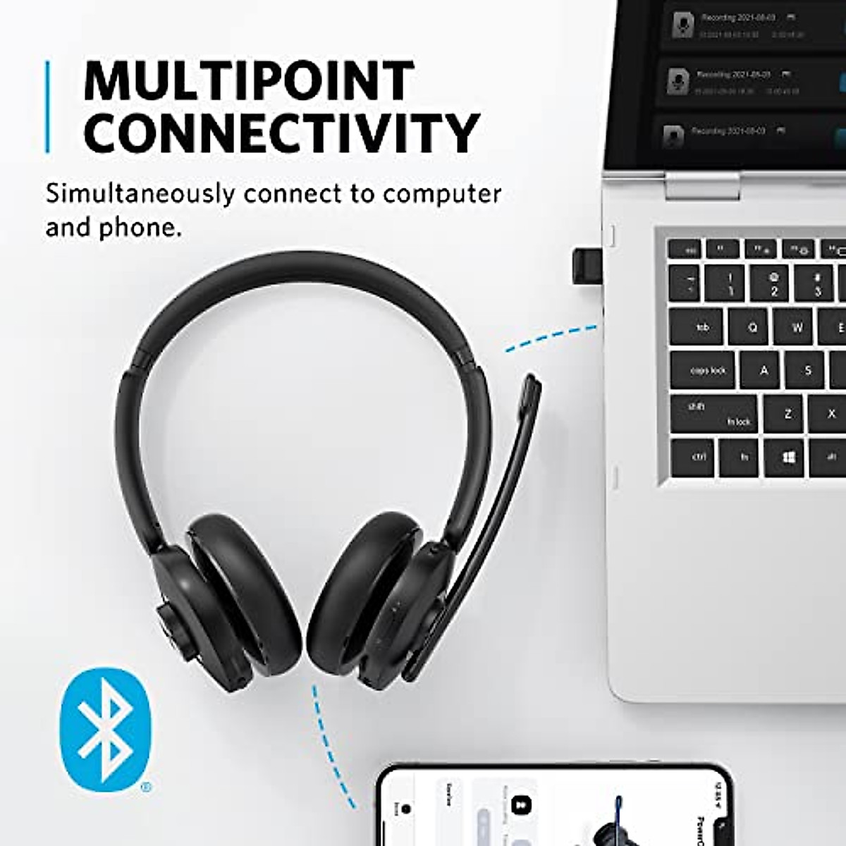 Anker PowerConf H500, Bluetooth Dual-Ear Headset with Microphone, Audio Recording and Meeting Transcription, AI-Enhanced Calls, Compatible with Video Conference Platforms, 24H Talk Time