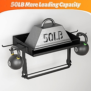 Lorbro Paper Towel Holder with Shelf, Paper Towel Holder Wall Mount One Hand Tear, Garage Organization and Storage with 4 Detachable Hooks, Holds 50 lbs, for Quick Clean Station, Shop, Workbench