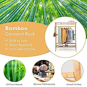 Giantex 3 Tier Bamboo Clothing Rack with Shelves, Heavy Duty Freestanding Clothes Organizer Rack with Coat Hooks, Anti-toppling Device, Cloth Hanger Standing Garment Racks for for Hanging Clothes
