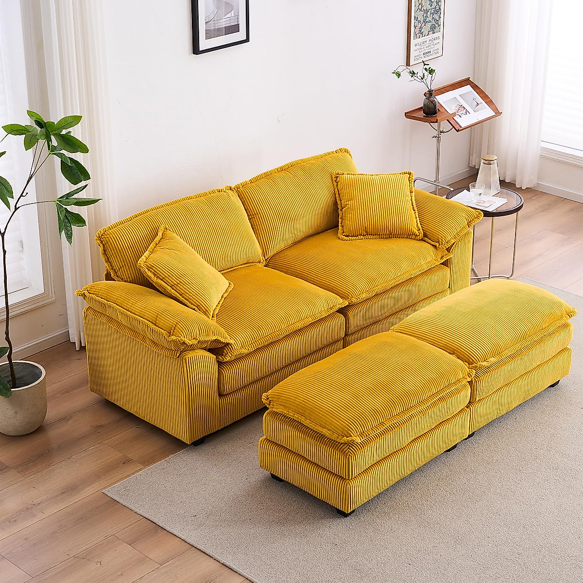 Corduroy Sectional Couch, 84“ Width Oversize Loveseat Sofa, Comfy Plush Cloud Couch Lounge Chair with Ottomans and 2 Pillows for Small Spaces, Living Room, Bedroom, Office Easy to Install (Yellow)