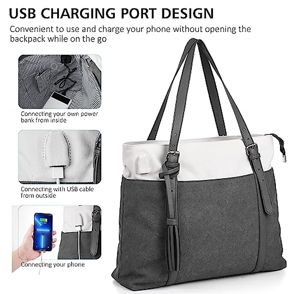 Tote Bag with Zipper for Women,Laptop Tote Purse with Cup Holder & Compartments for Work Travel Nurse Teacher College,Bolso para Mujer,Canvas,Gray
