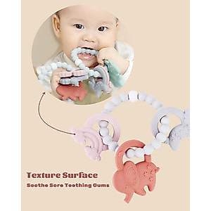 Teething Rings for Babies 0-6 6-12 Months Front and Molar Teething Relief Wearable Teether Bracelet Infant Toddler Chew Toys Ease of Grabbing, Elephant Rainbow Moon Shape, Baby Girl Gifts, BPA Free