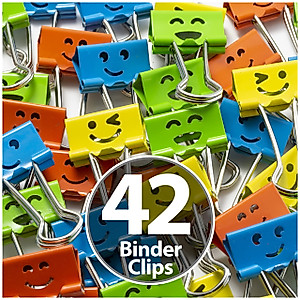 Officemate Happy Smiling Face Binder Clips, Small Size, 42 in Pack, Comes in Assorted Colors (31090)
