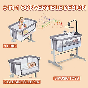 Babevy Baby Bassinet Bedside Sleeper Bedside Crib, Crib Adjustable Height Portable Bassinet with Wheels and Music Box for Newborn Baby, Mattress and Travel Bag Included, Linen-Grey