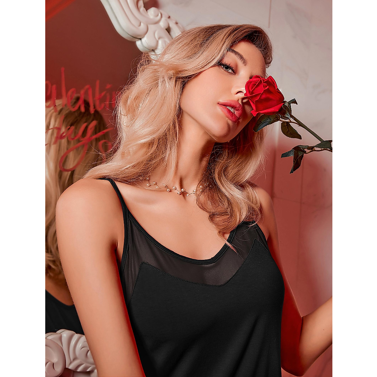 Ekouaer Nightgowns for Women Mesh V Neck Tank Chemise Sleeveless Sleepwear Silp Nighty Dress Short Camisole Sleep Dress, Black, XX-Large