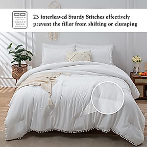 annadaif White Comforter Set Full Size, Pom Pom Fringe Comforter 3 Pieces, Soft Microfiber Down Alternative Bedding Set for All Season as Gift (1 Comforter, 2 Pillowcases)