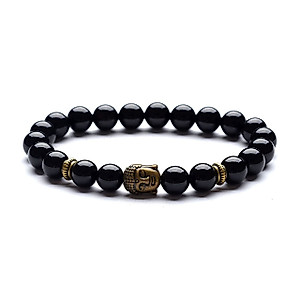 Domika Black Agate Beaded Bracelet Buddha Head & OM Buddhist Prayer Therapy Religious Stretch Bracelet Set