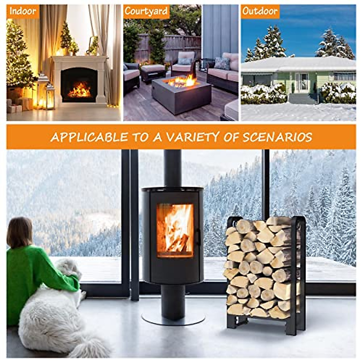 SunyesYo Firewood Rack Outdoor 4ft with Waterproof Cover - Heavy Duty Log Rack Indoor Holder, Upgraded Adjustable Fire Wood Racks, Storage Organizer Stand Tool for Fireplace, Black