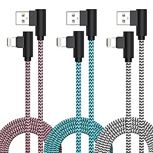 3 Pack iPhone Charger 6FT [Apple MFi Certified] Right Angle Lightning Cable Fast Charging Cord, Car Cable for iPhone 14 13 12 11 Pro/Pro Max/Mini/XS/XR/8 7 Plus, iPad, CarPlay