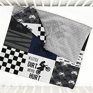 Personalized Motocross Minky Baby Blankets with Name, Customized Dirt Bike Patchwork Design Blankets for Boys Kids - Registry Gifts - Soft Plush Infant Toddler Baby Newborn Blanket