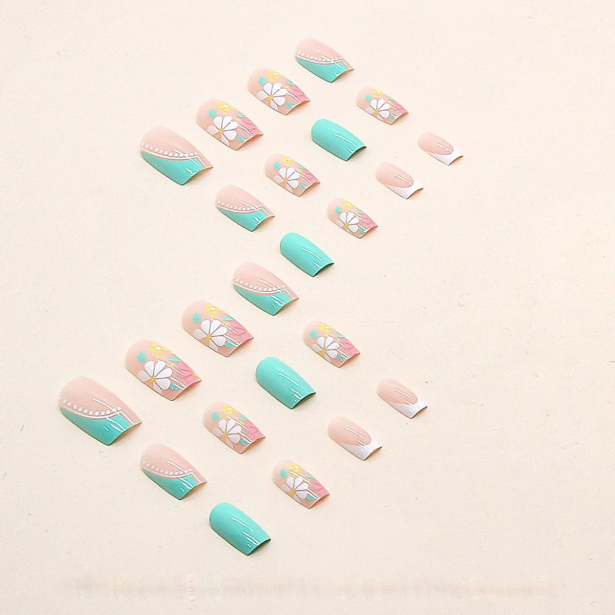 Press on Nails Medium Square False Nails French Tip False Nails Colorful Flower with Designs Acrylic Nails Full Cover Glossy Artificial Nails Reusable Stick on Nails for Women 24Pcs