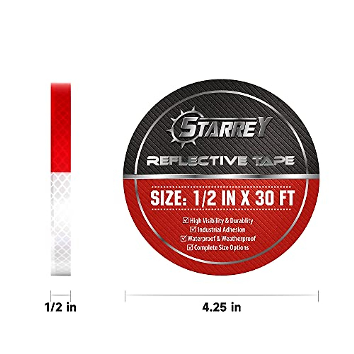 STARREY Reflective Tape Outdoor Red White 1/2 in X 30 FT Waterproof Self Adhesive DOT-C2 Safety Caution Reflector Conspicuity dot Tape for Trailers Cars