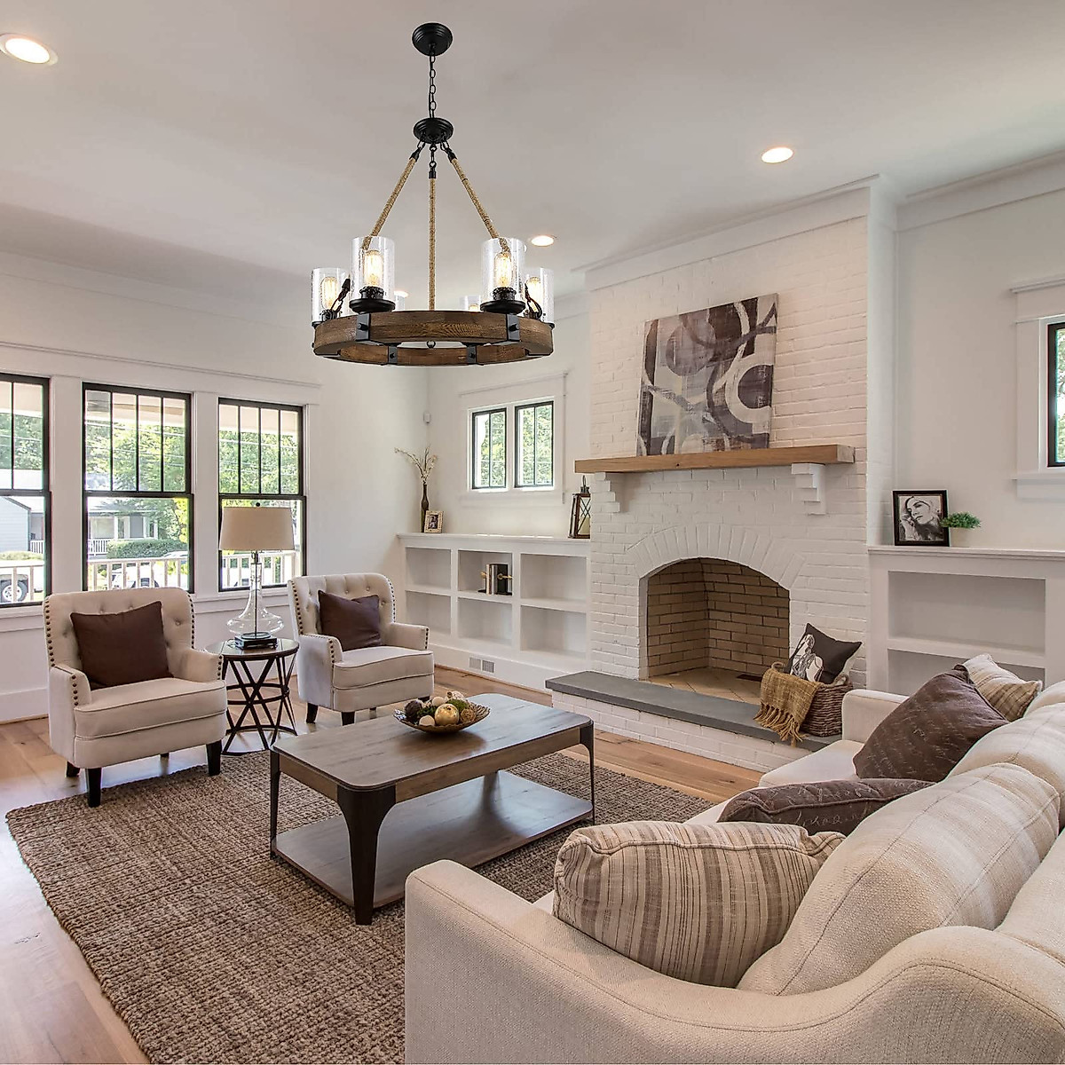 Rustic 6 Light Wagon Wheel Chandelier, Round Wood Pendant Light with Seeded Glass Shade, Farmhouse Chandeliers for Dining Room Kitchen Island Foyer Entryway