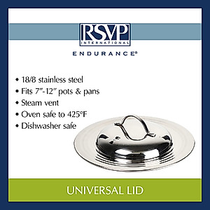 RSVP International Endurance Universal Lid with Adjustable Steam Vent, One Size - Stainless Steel, 12.5"x 12.5" x 3" |Fits 7" - 12" pots & pans |Dishwasher Safe| Oven Safe