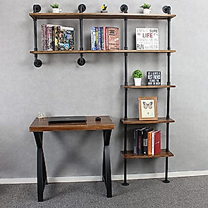 MBQQ 5-Tiers Industrial Pipe Shelving,59inch Rustic Wooden&Metal Floating Shelves,Home Decor Shelves Wall Mount,Real Wood Book Shelves,Wall Shelf Unit Bookshelf,Wall Shelf for Office Organizer,Brown