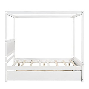 Bellemave Full Size Wood Canopy Bed with Trundle and Two Nightstands, 4-Post Platform Frame Headboard, 3 Pieces Bedroom Set (Brushed White) Full Canopy Bed+2 Nightstands